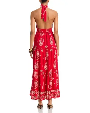 Aqua Paisley Print Halter Maxi Dress