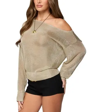 EDIKTED Charlo Off Shoulder Shiny Knit Top