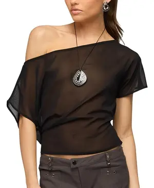 EDIKTED Edikted Sheer Chiffon Off Shoulder Top Black