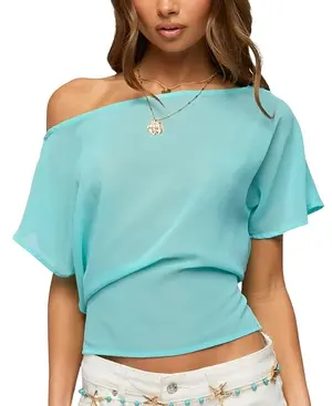 EDIKTED Sheer Chiffon Off Shoulder Top - Turquoise