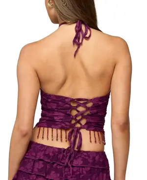 EDIKTED Keyla Bead Fringed Textured Halter Top