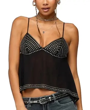 EDIKTED Embellished Asymmetrical Sheer Babydoll Top - Black