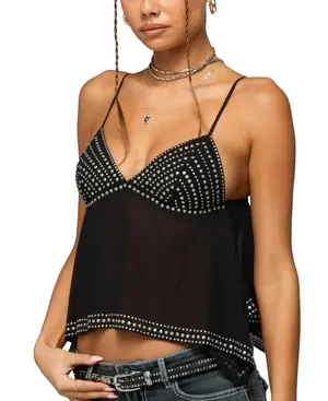 EDIKTED Embellished Asymmetrical Sheer Babydoll Top