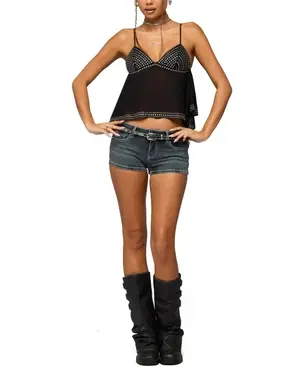 EDIKTED Embellished Asymmetrical Sheer Babydoll Top