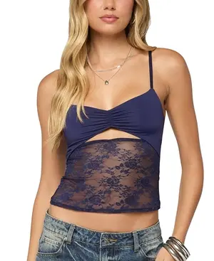EDIKTED Damarie Cutout Ruched Sheer Lace Top - Navy