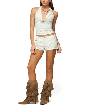 EDIKTED Studded Patchwork Low Rise Denim Shorts