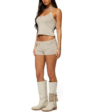 EDIKTED Iridescent Knit Shorts With Button Detailing