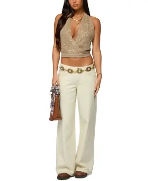 EDIKTED Sequin Crochet Halter Top