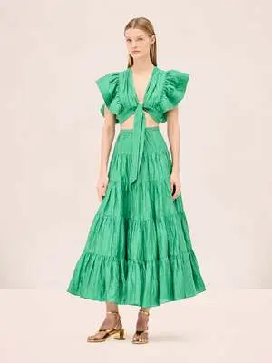 Alexis Varenna Cropped Top With Ruffle Sleeves And Tie Detail - Emerald