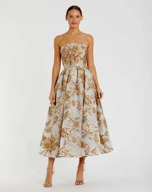 Mac Duggal Strapless Floral Brocade Midi Dress - Multicolor