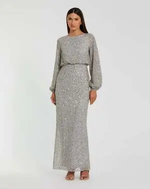 Mac Duggal Silver Sequin Blouson Long Sleeve Gown - Gray