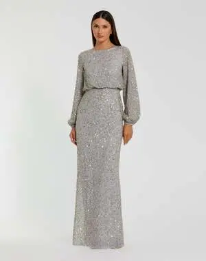 Mac Duggal Silver Sequin Blouson Long Sleeve Gown - Gray