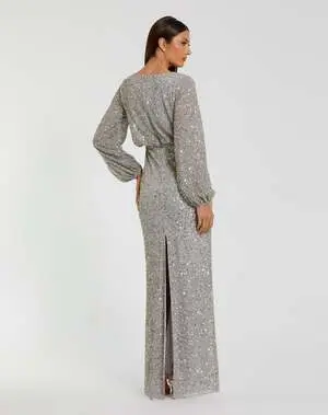 Mac Duggal Silver Sequin Blouson Long Sleeve Gown - Gray