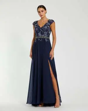 Mac Duggal Embellished Cap Sleeve A-line Gown - Navy
