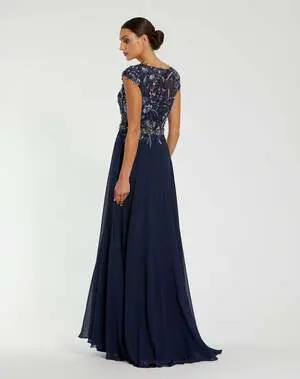 Mac Duggal Embellished Cap Sleeve A-line Gown - Navy