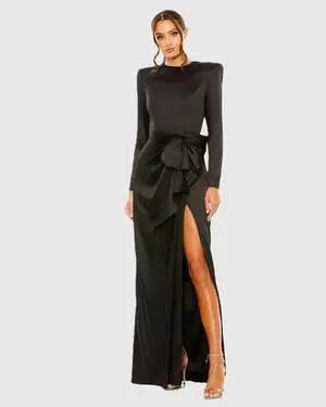 Mac Duggal Petite Long Sleeve Satin Gown With Structured Bow And Draping - Black