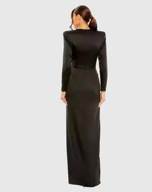 Mac Duggal Petite Long Sleeve Satin Gown With Structured Bow And Draping - Black