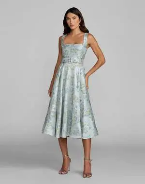 Mac Duggal Sleeveless Belted Floral A-line Midi Dress - Blue Multi