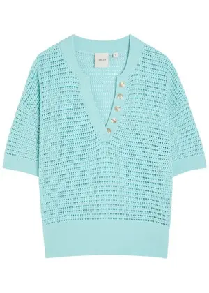 Varley Callie Open-knit Cotton Polo Top - Light Blue