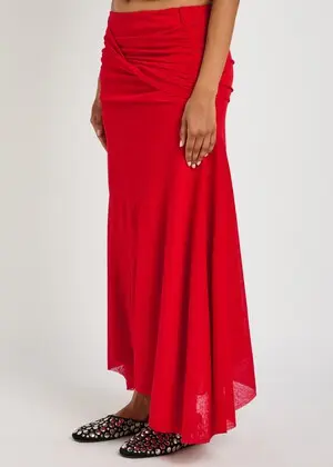 GANNI Draped Asymmetric Jersey Midi Skirt - Red