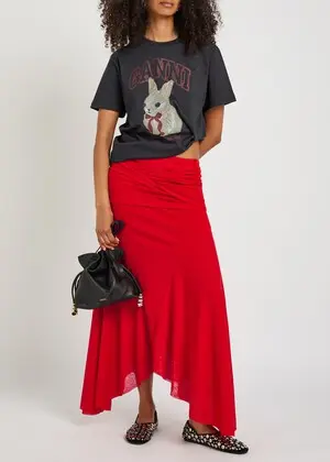 GANNI Draped Asymmetric Jersey Midi Skirt - Red