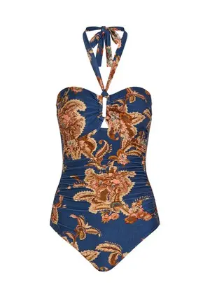 Zimmermann Aster Printed Halterneck Swimsuit - Navy