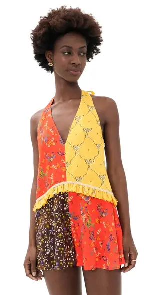 SIEDRES Color Block Floral Print Halter Neck Romper