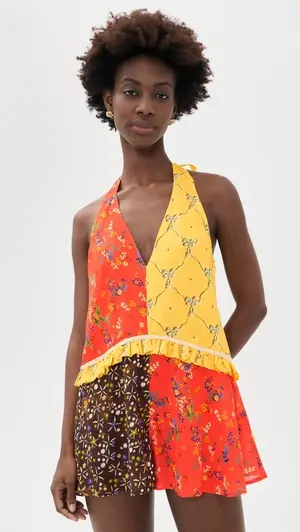 SIEDRES Color Block Floral Print Halter Neck Romper