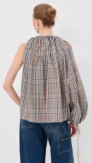 A.W.A.K.E. Mode One-shoulder Plaid Voluminous Top - Brown Check