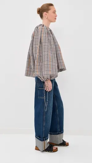 A.W.A.K.E. Mode One-shoulder Plaid Voluminous Top - Brown Check