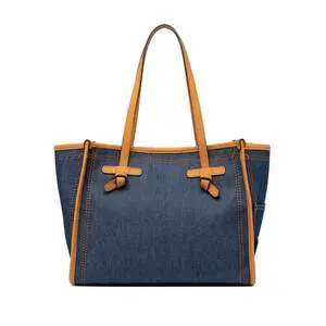 GIANNI CHIARINI Firenze Denim Shopping Tote With Leather Trim - Blue/mou
