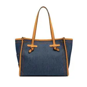 GIANNI CHIARINI Firenze Denim Shopping Tote With Leather Trim - Blue/mou