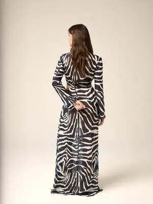 REINA OLGA Zebra Print Silk Chiffon Maxi Dress