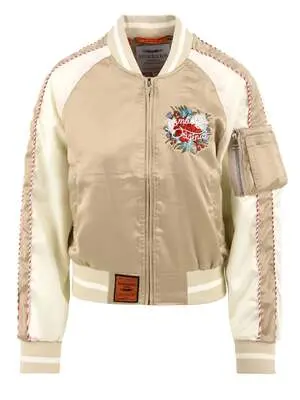 BOMBERS Satin Bomber Jacket With Floral Embroidery - Beige