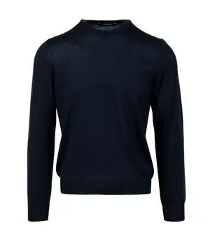 GRAN SASSO Virgin Wool, Cashmere And Silk Blend Ribbed Crew Neck Long Sleeve Sweater - Dark Blue