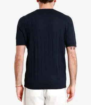 GRAN SASSO Silk Short Sleeve Knit With Vertical Weave - Blue+brown