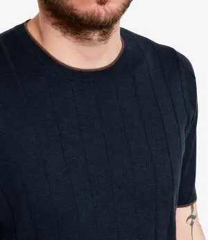 GRAN SASSO Silk Short Sleeve Knit With Vertical Weave - Blue+brown