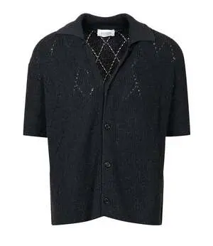 LANEUS Cotton Openwork Knit V-neck Short Sleeve Shirt - Black