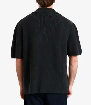 LANEUS Cotton Openwork Knit V-neck Short Sleeve Shirt - Black