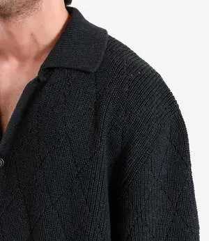 LANEUS Cotton Openwork Knit V-neck Short Sleeve Shirt - Black