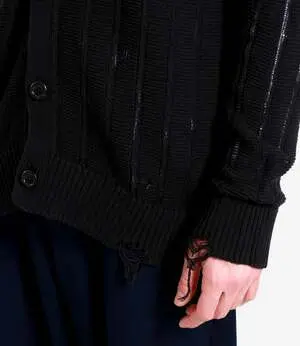 LANEUS Organic Cotton V-neck Cardigan With Vertical Ribbed Motif And Openwork Detail - Black