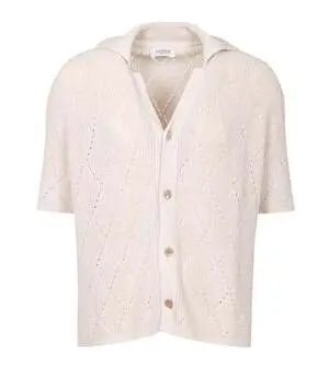 LANEUS Cotton Openwork Diamond Knit V-neck Short Sleeve Sweater - Beige