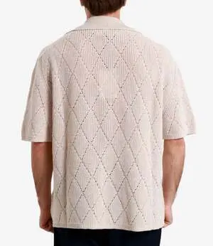 LANEUS Cotton Openwork Diamond Knit V-neck Short Sleeve Sweater - Beige