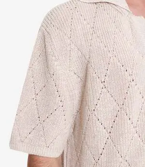 LANEUS Cotton Openwork Diamond Knit V-neck Short Sleeve Sweater - Beige