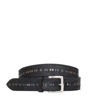 ORTIGNI Brushed Leather Belt With Engraved Detail And Colorful Embroidery - Blue
