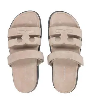 Tory Burch Suede Slide Sandals With Double-t Inlay - Rock