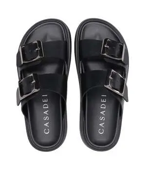 Casadei Leather Platform Sandals With Double Buckle Detail - Nero