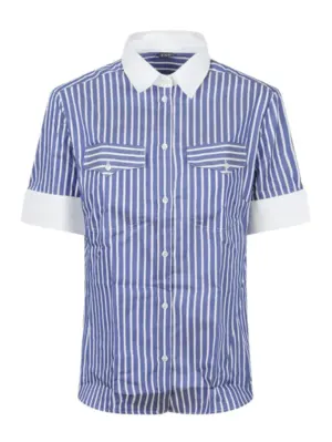 FAY Striped Short Sleeve Shirt With Spread Collar - Blue