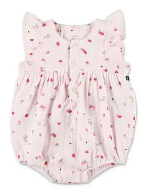 Petit Bateau Floral Print Cotton Gauze Romper With Flutter Sleeves - Pink