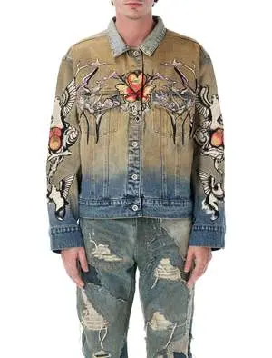 WHO DECIDES WAR Embroidered Gradient Denim Trucker Jacket